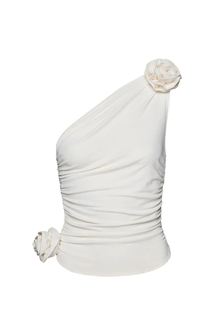 Asymmetrical Rosette Corsage One Shoulder Sleeveless Ruched Jersey Top – Rosedress
