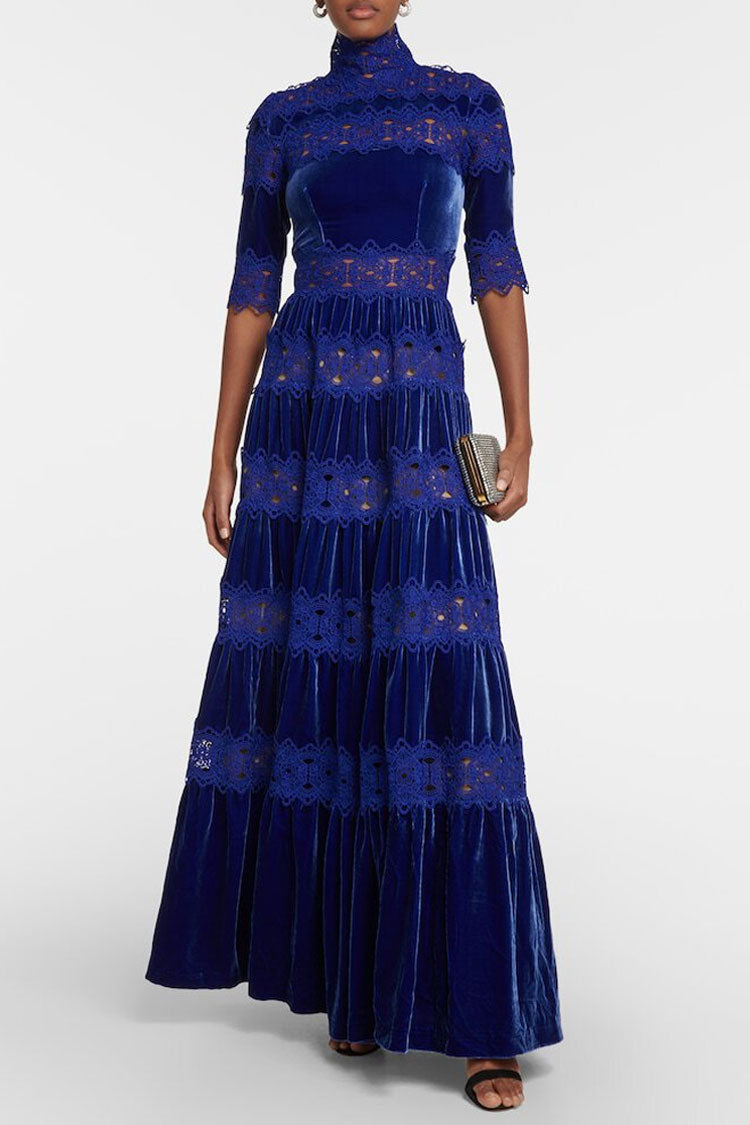 Luxurious High Neck Half Sleeve Ruched Lace Velvet Evening Maxi Dress