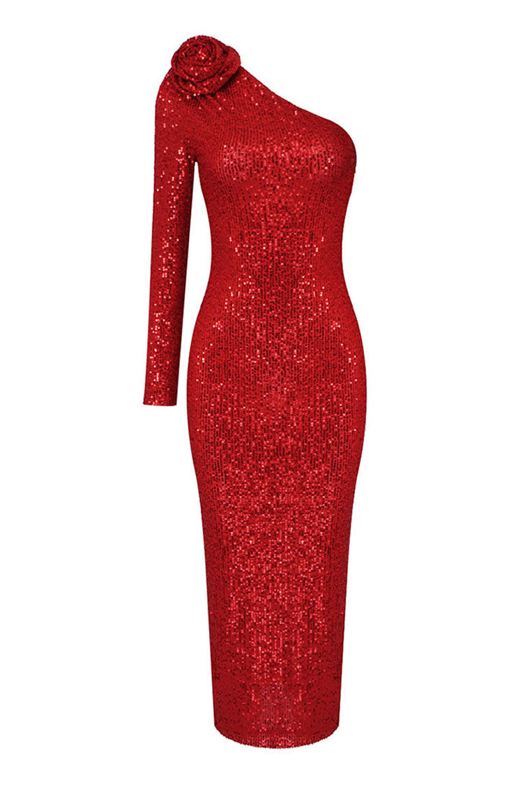 Sparkly Rosette One Shoulder Long Sleeve Sequin Cocktail Party Midi Dr – Rosedress