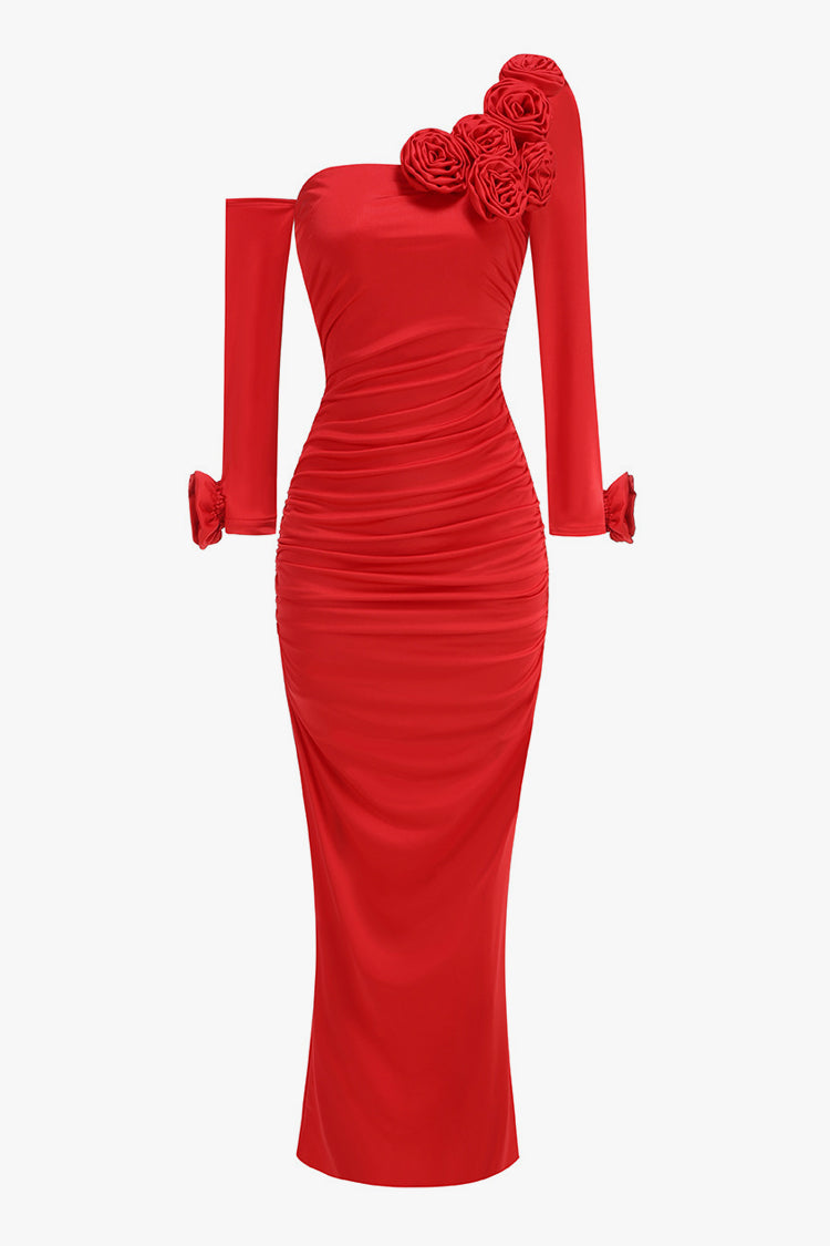 Asymmetrical Rosette One Shoulder Long Sleeve Ruched Evening Maxi Dres – Rosedress