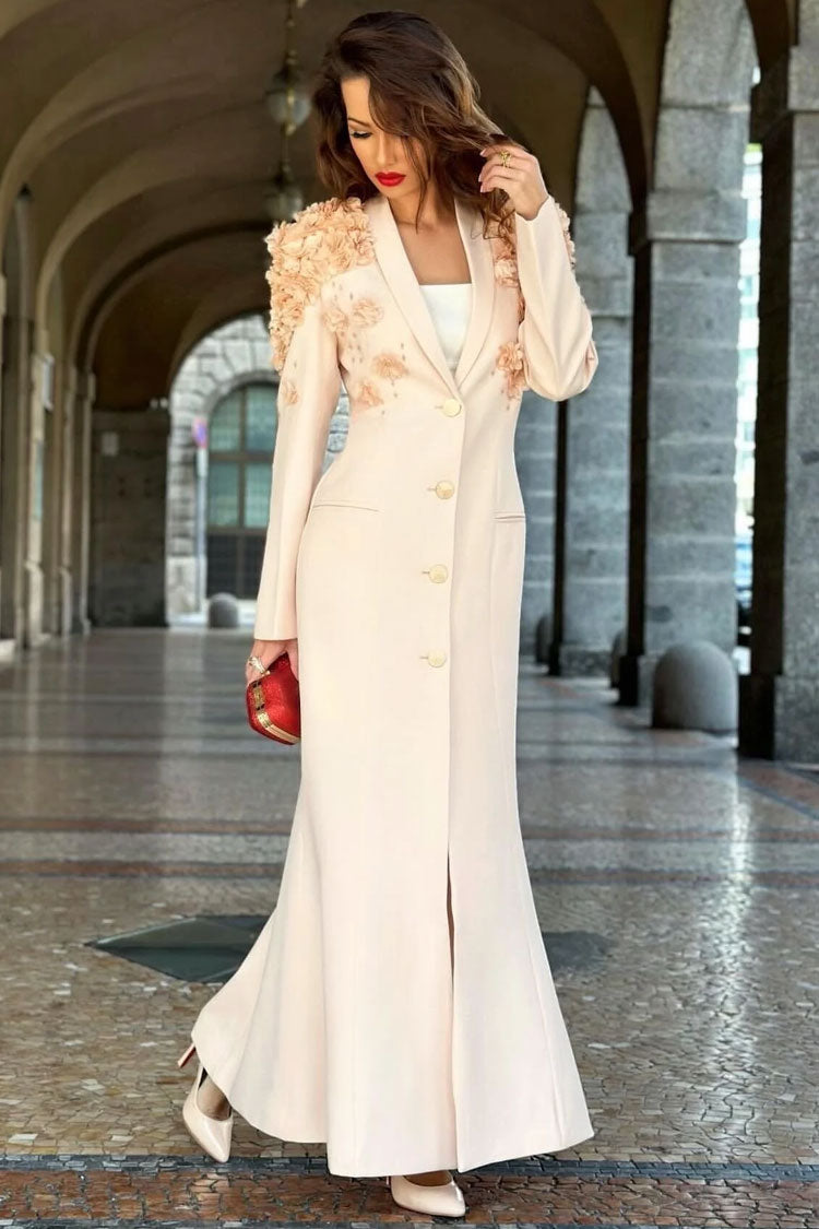 Luxury Rosette Trim Lapel Single Breasted Long Sleeve Blazer Maxi Dres – Rosedress