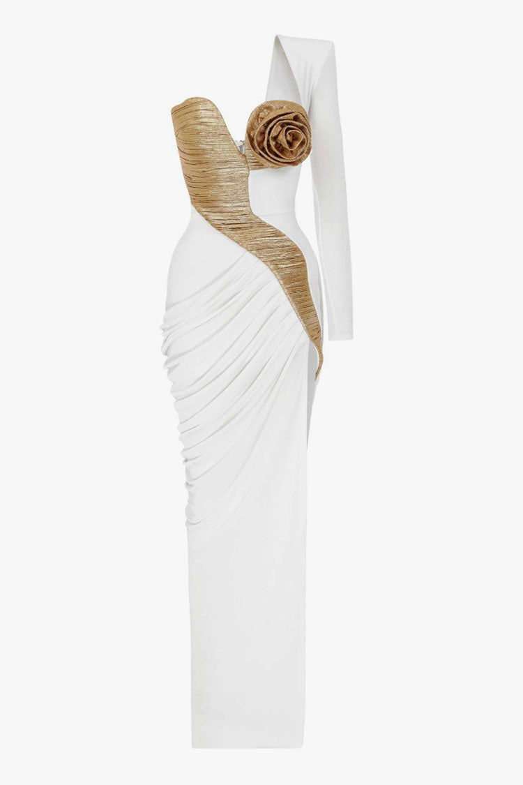 Luxury White and Gold Rose One Shoulder Split Draped Evening Maxi Dres – Rosedress