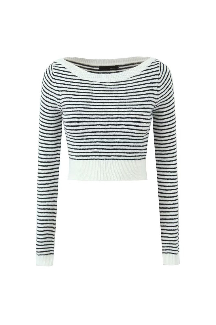 Preppy Boat Neck Contrast Black And White Striped Rib Knit Cropped Swe