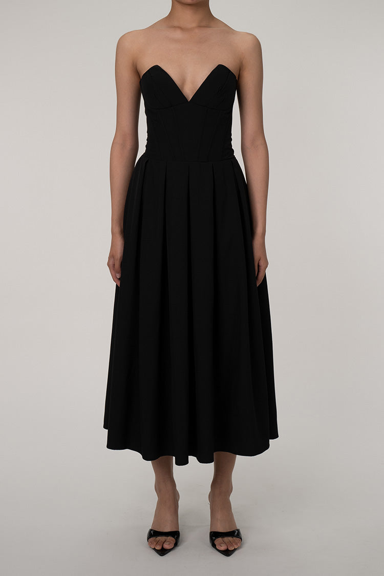 Sexy V Neck Strapless Fit And Flare Pleated Corset Cocktail Party Midi D