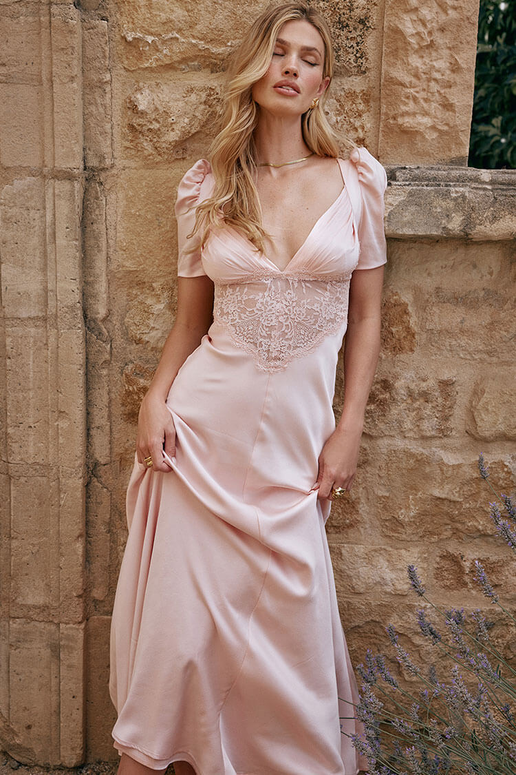 Silky Satin Pleated Deep V Puff Sleeve Lace Panel Fishtail Evening Max – Rosedress