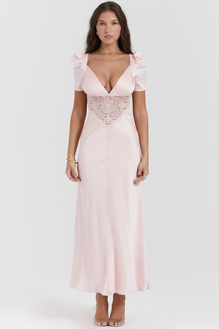 Silky Satin Pleated Deep V Puff Sleeve Lace Panel Fishtail Evening Max – Rosedress