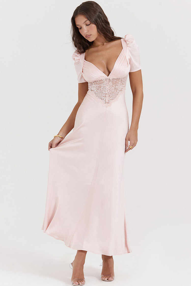 Silky Satin Pleated Deep V Puff Sleeve Lace Panel Fishtail Evening Max – Rosedress