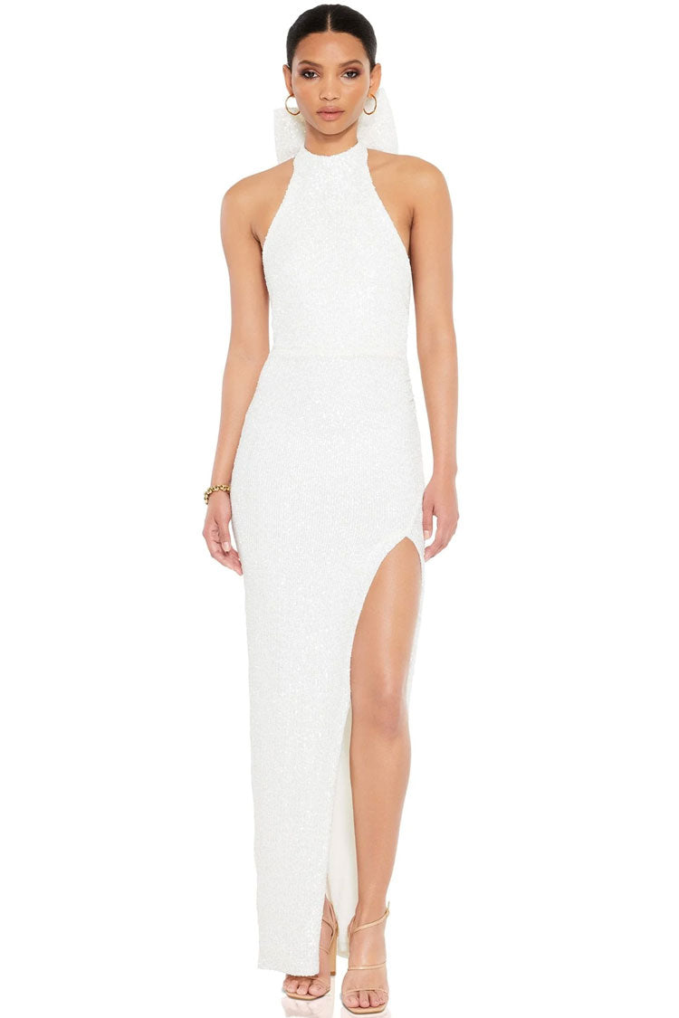 Sparkly Bow Halter Open Back Sleeveless Split Sequin Evening Maxi Dres – Rosedress