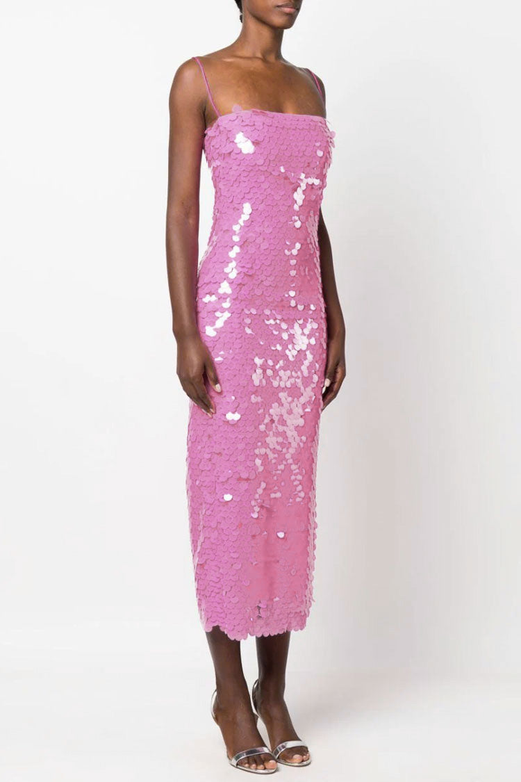 Sparkly Mermaid Sequin Spaghetti Strap Split Evening Maxi Dress - Pink – Rosedress