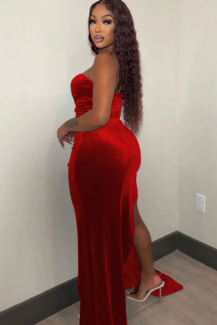 Sparkly Sequin Strapless Draped High Split Velvet Evening Maxi Dress - – Rosedress