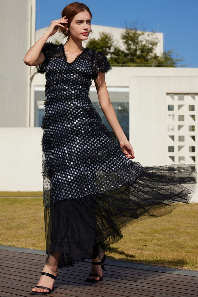 Sparkly Sequin V Neck Layered Ruffle Summer Tulle Evening Maxi Dress - – Rosedress