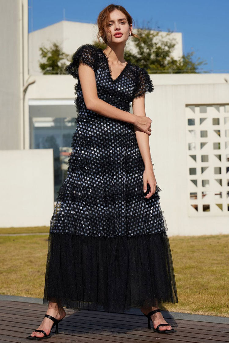 Sparkly Sequin V Neck Layered Ruffle Summer Tulle Evening Maxi Dress - – Rosedress