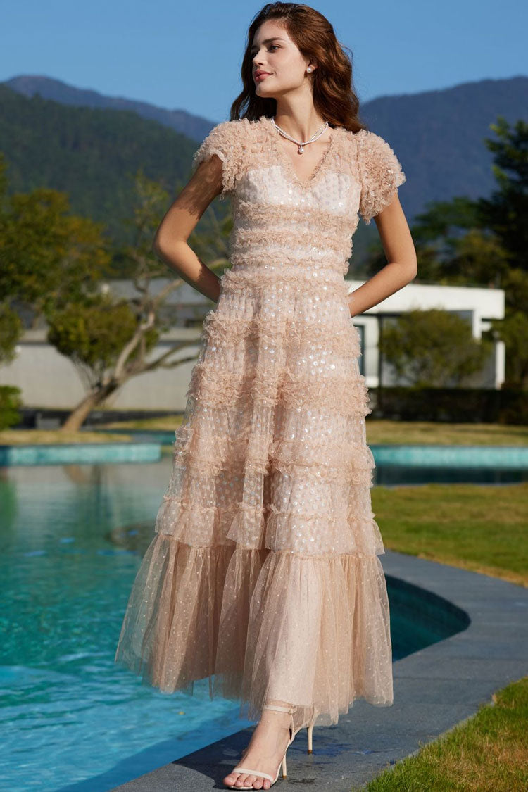 Sparkly Sequin V Neck Layered Ruffle Summer Tulle Evening Maxi Dress - – Rosedress