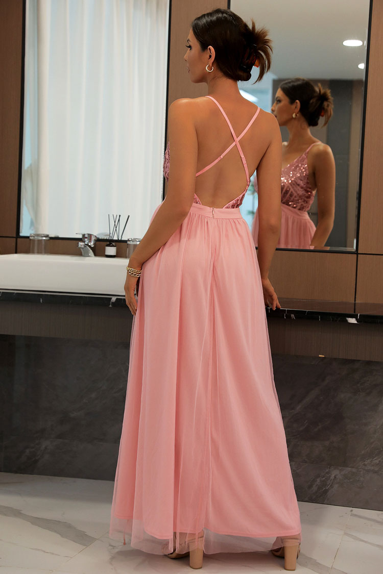 Sparkly Sequined Deep V High Split Backless Evening Maxi Dress - Pink – Rosedress